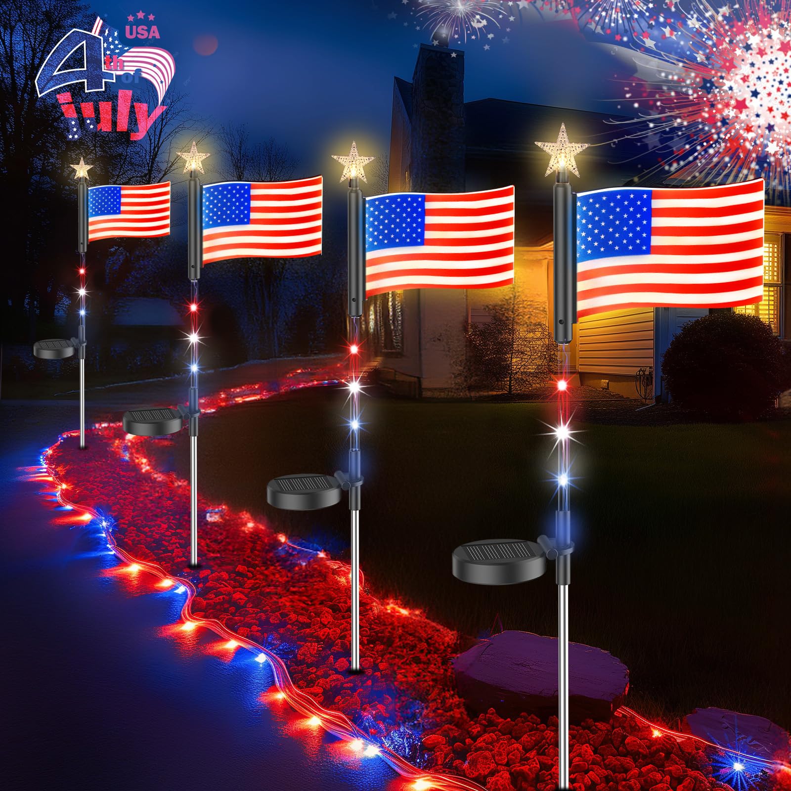 Amazon.com : 4Pack American Flags Lights Outdoor, Vibrant Red White and ...