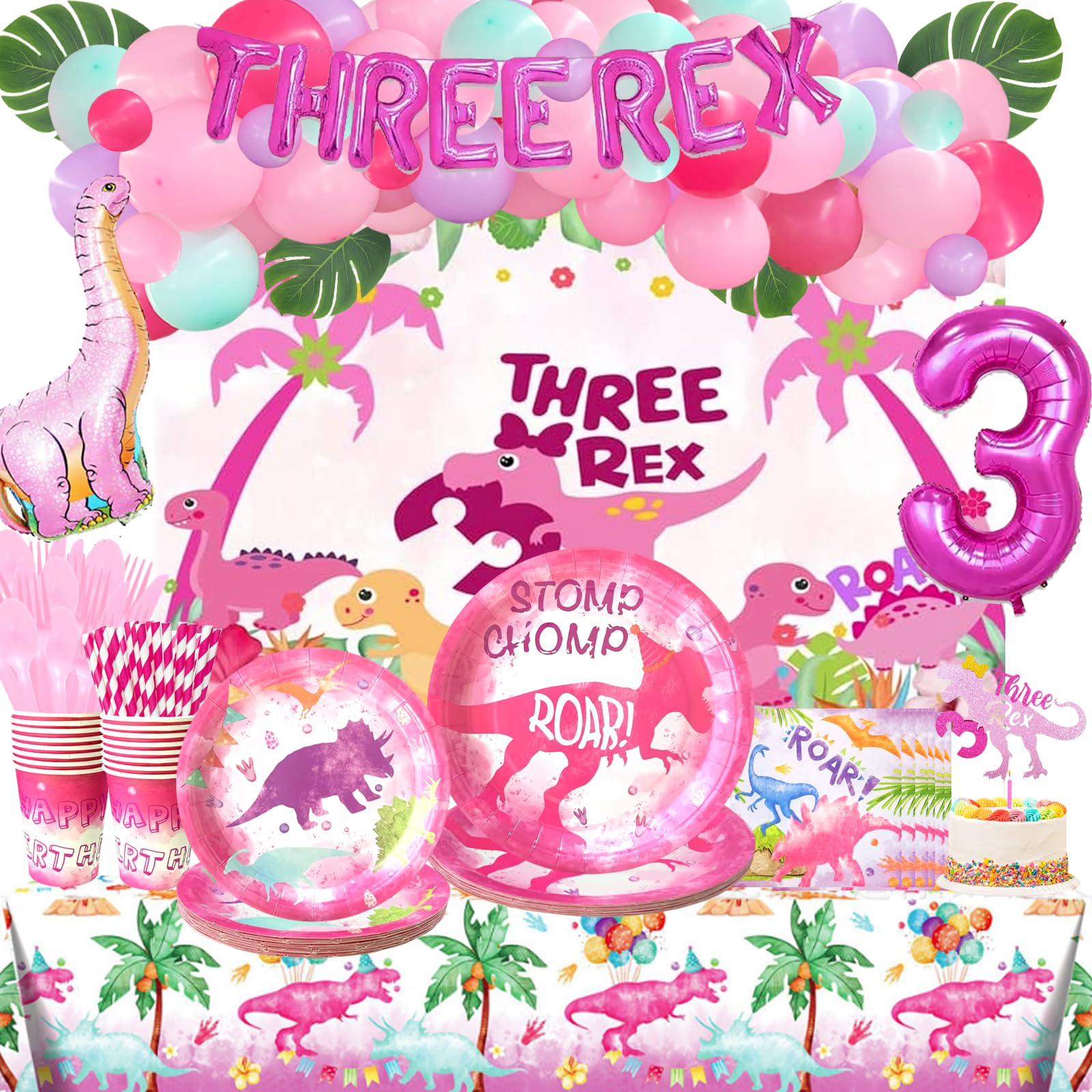 Amazon.com: 204 PCs Three Rex Birthday Party Decorations Girl, Hombae ...