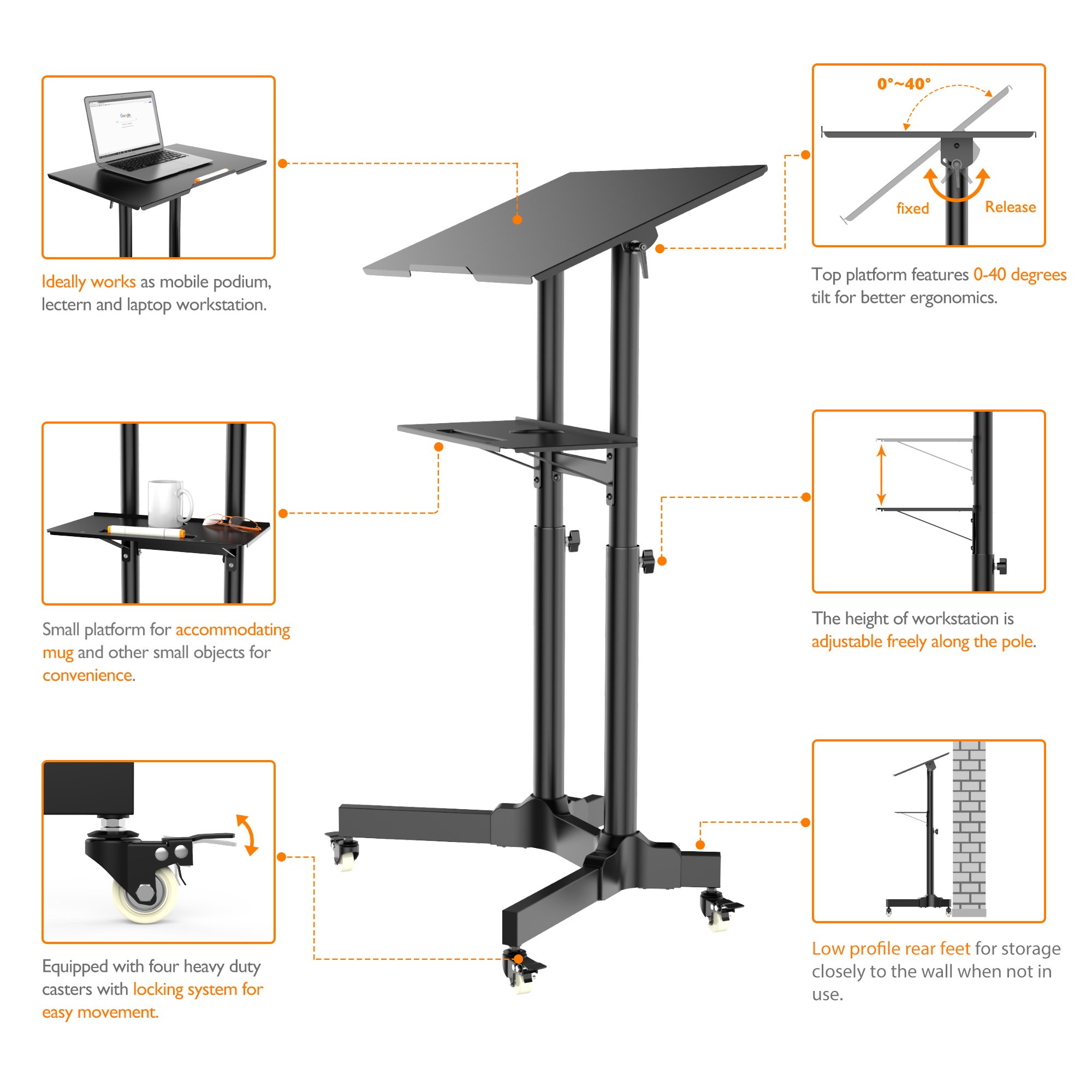 1home Steel Mobile Stand Up Desk Ajustable Laptop Workstation Muti ...