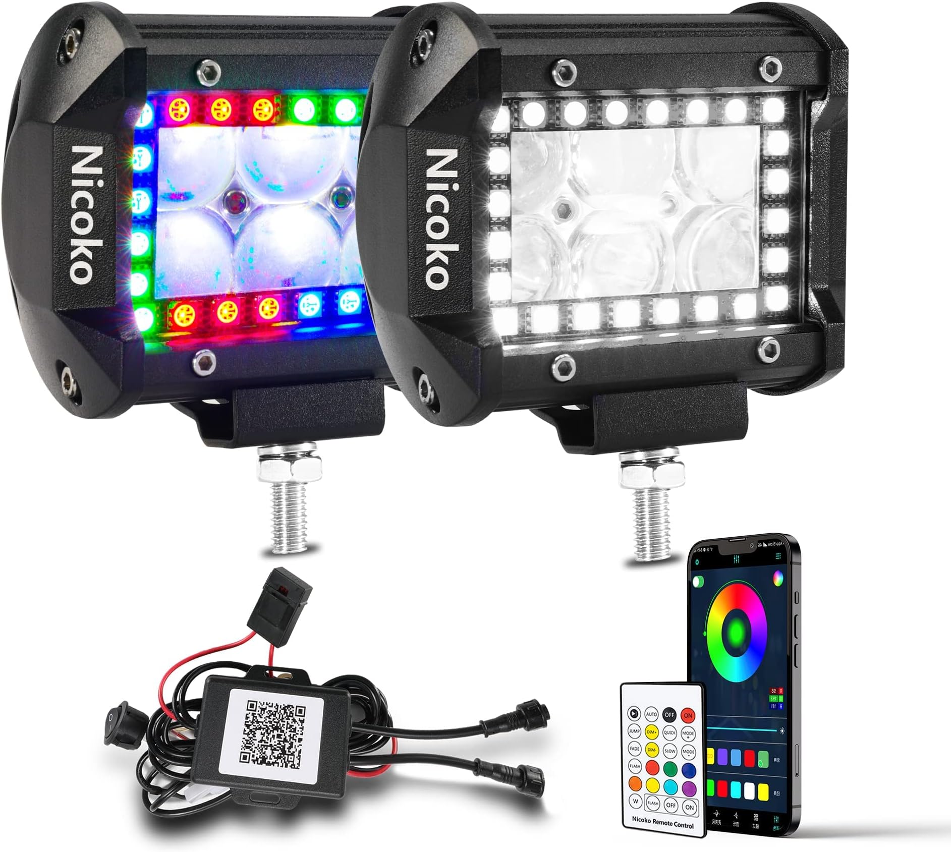 Amazon.com: Nicoko RGB Led pods 2 pcs 4Inch 18W 3600LM Multicolor Spot ...