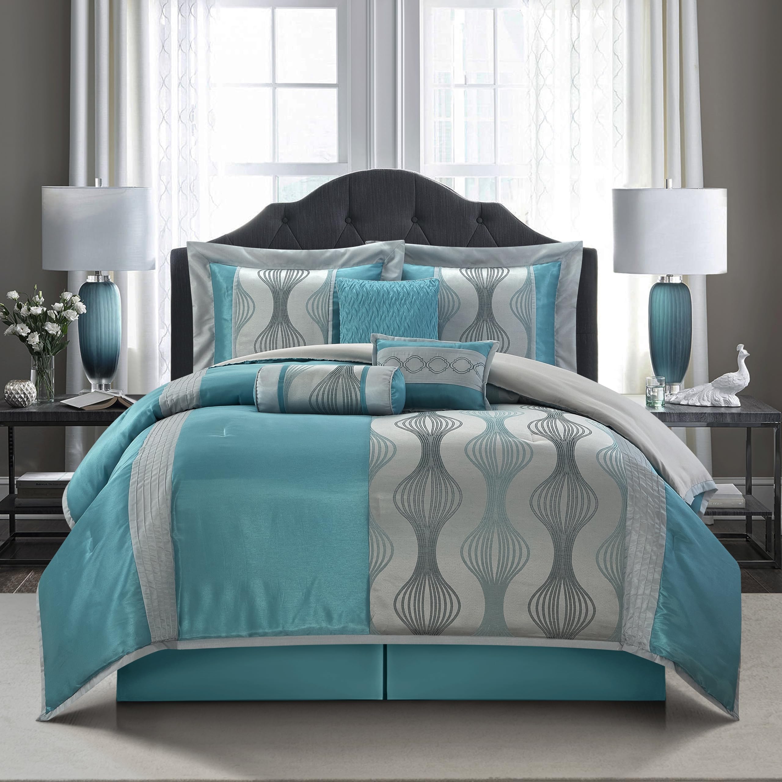 Amazon.com: Grand Avenue 7 Piece Blue Comforter Set, King Size Jacquard ...