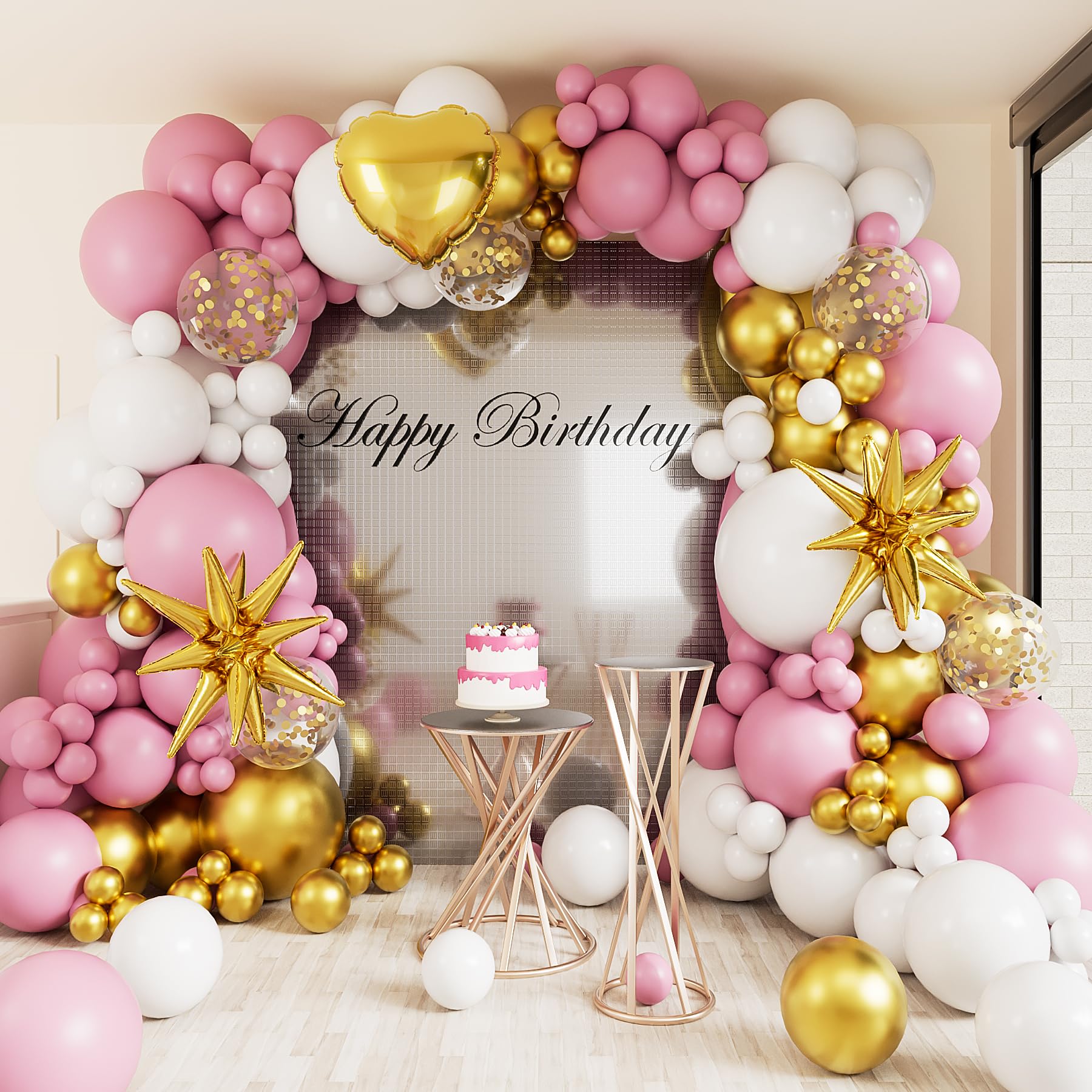 Pink Gold Balloons Arch Garland Kit-White Balloon Gold Explosion Star ...