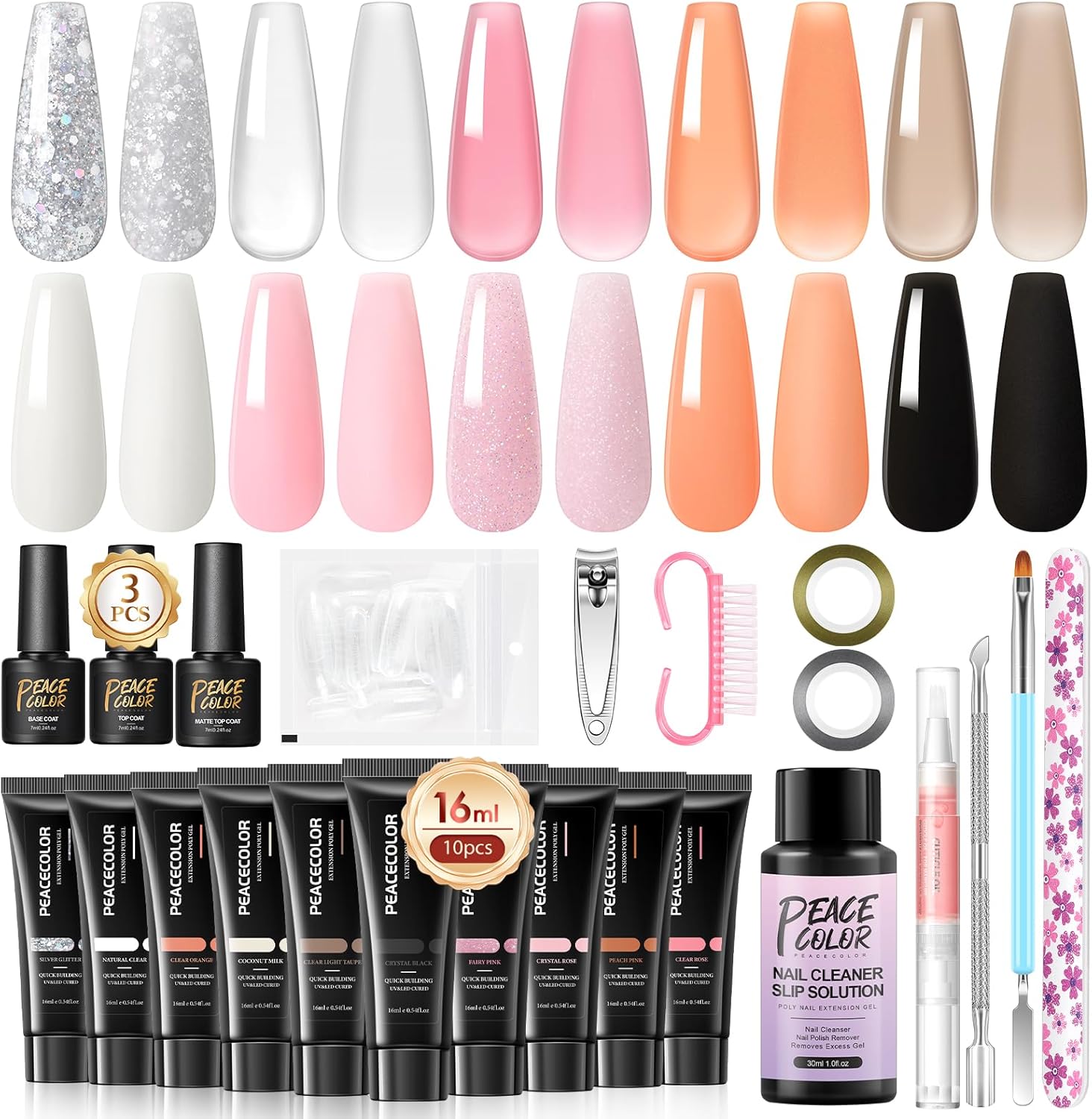 PEACECOLOR Poly Nail Gel Kit 23PCS, Poly Nail Extension Gel 10 Colours ...