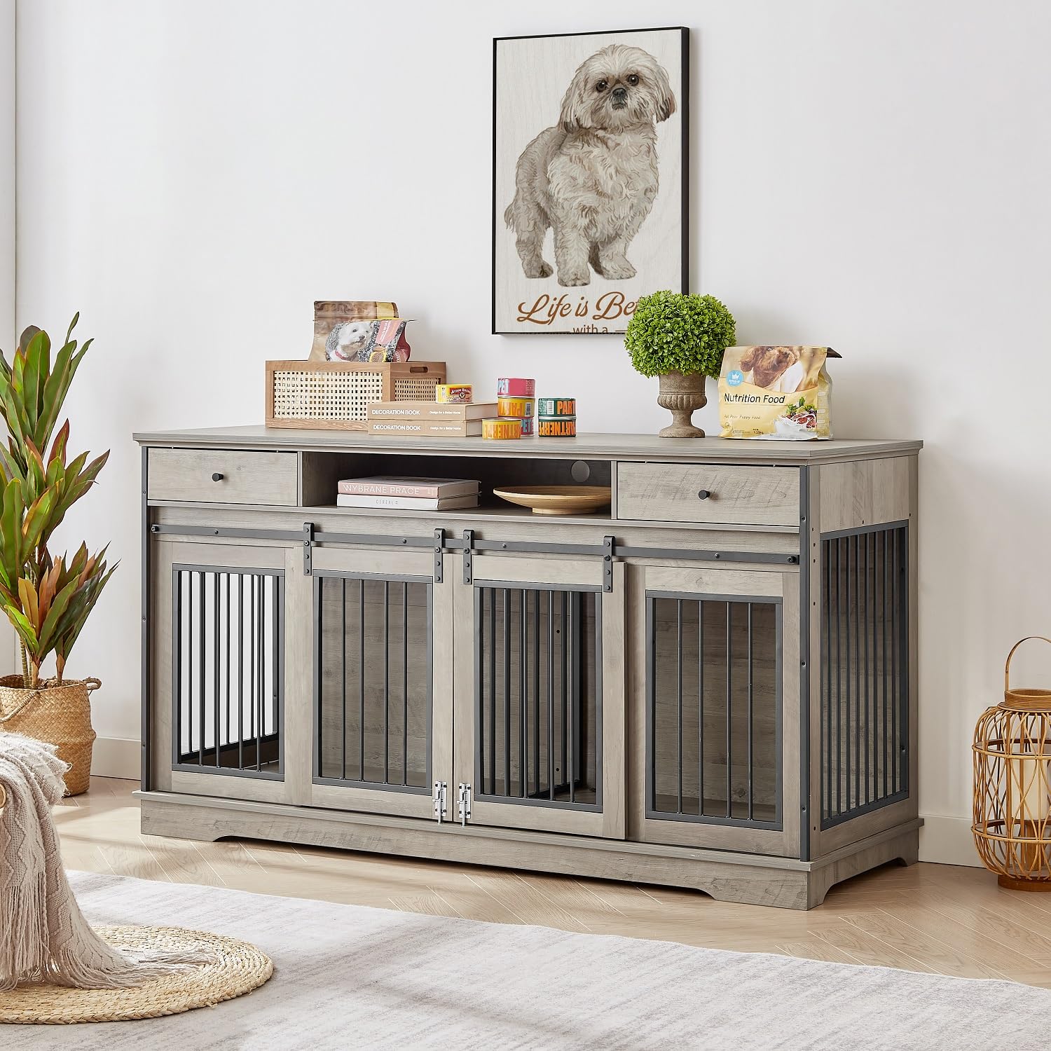 IchbinGo Large Dog Crate Furniture with Sliding Barn Door, 66" Wooden ...