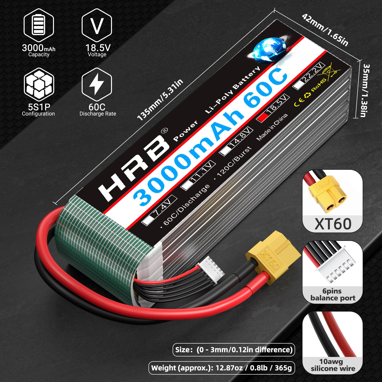 Snapklik.com : HRB 5S Lipo Battery XT60 3000mAh 18.5V 60C RC Lipo ...