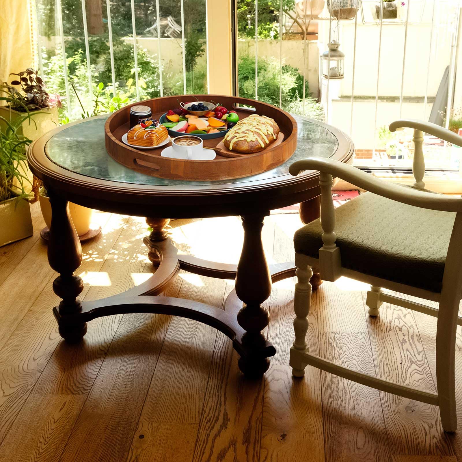 Suzile 2 Pcs Jumbo Round Wooden Serving Tray Extra Large 23" 21" Wood ...