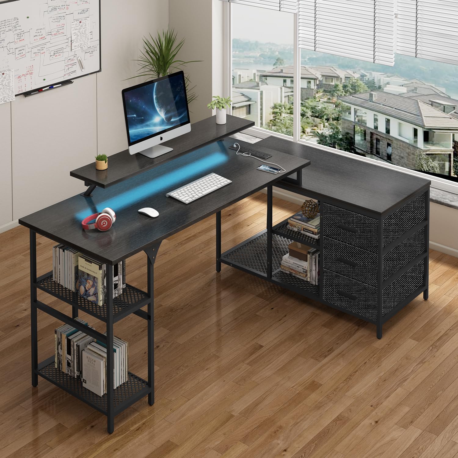 Amazon.com: SFDOU Black L Shaped Desk with 3 Drawers, Computer Desk ...