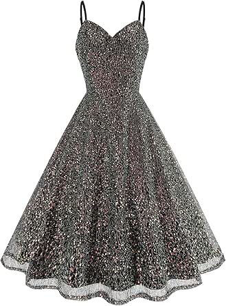 Amazon.com: Women's Glitter Sequin Dress Spaghetti Strap Sparkle Party ...