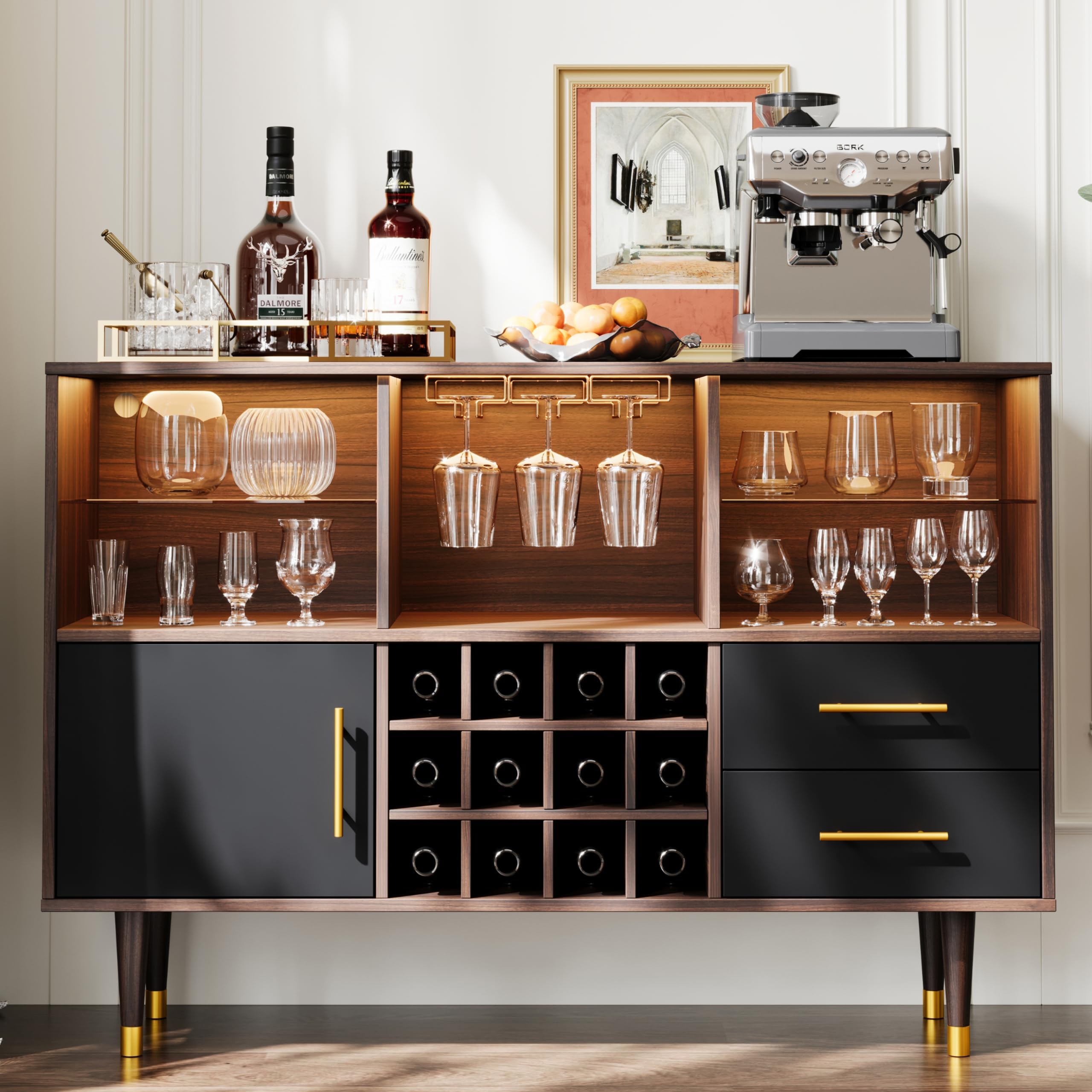 Amazon.com: Svimi Bar Cabinet, 47 inch Walnut - Modern Cabinet with LED ...