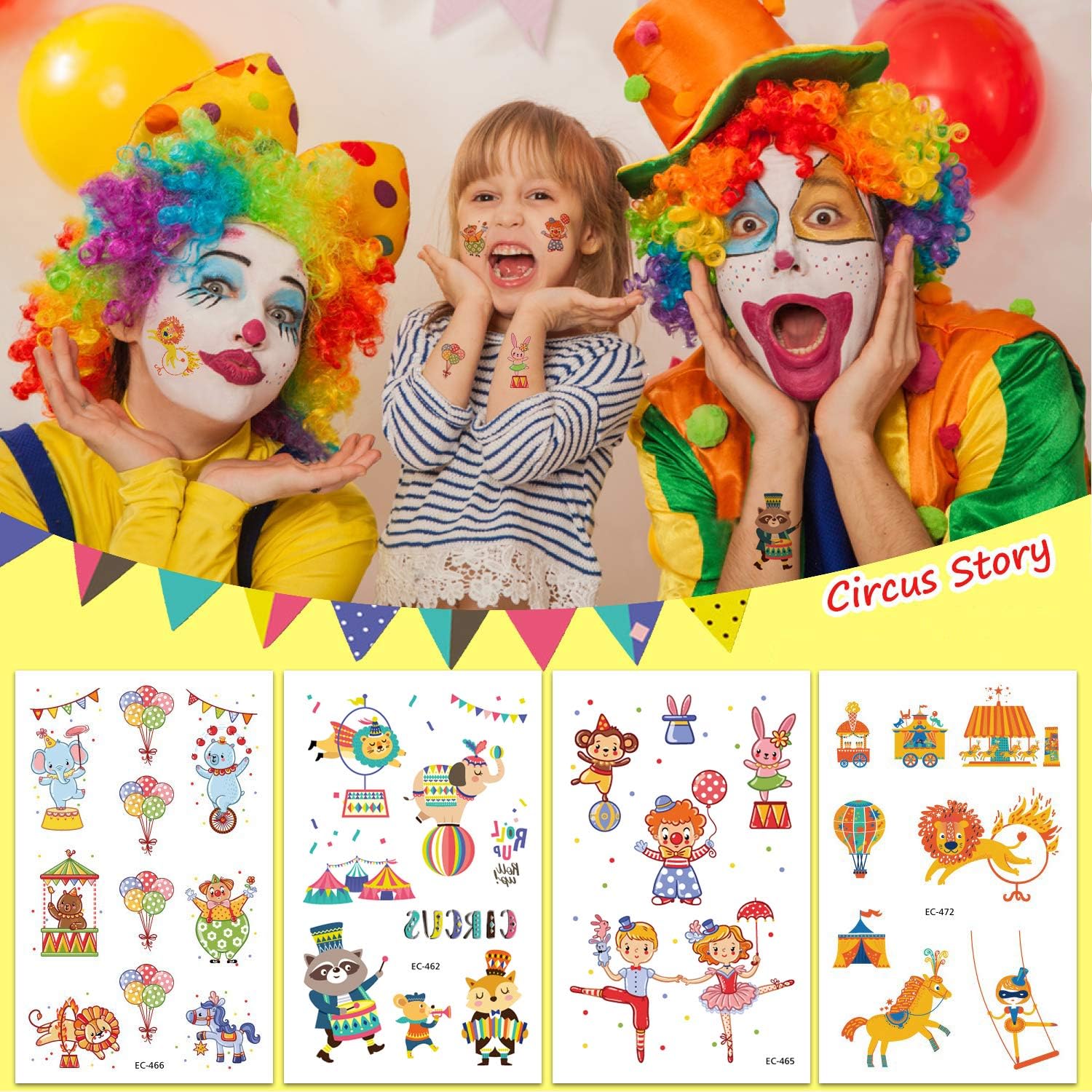 SZSMART Circus Temporary Tattoos for Kids Circus Sticker Carnival Party ...