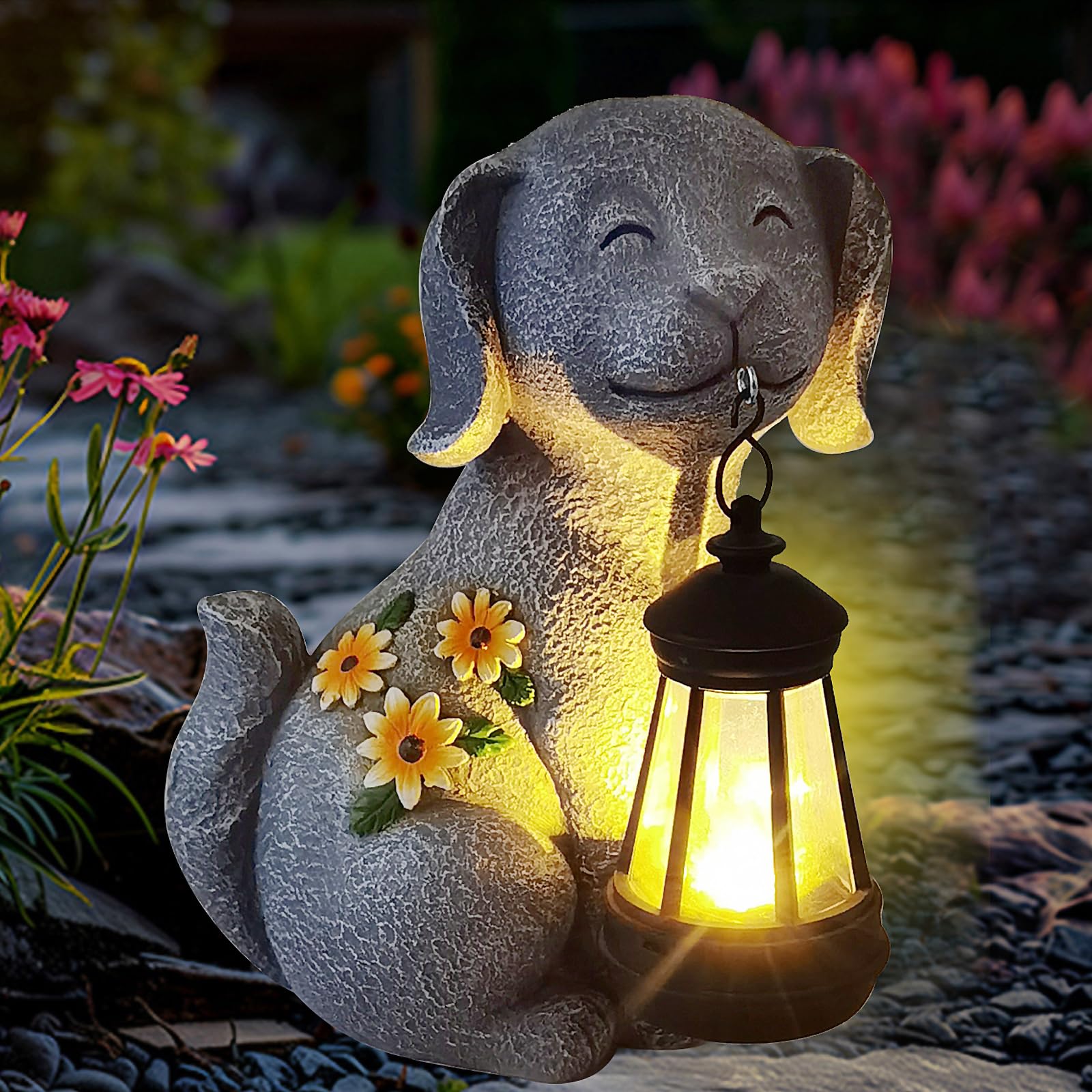 TSTGEE Solar Dog Statues Outdoor Dog Garden Decor with Solar Lantern ...