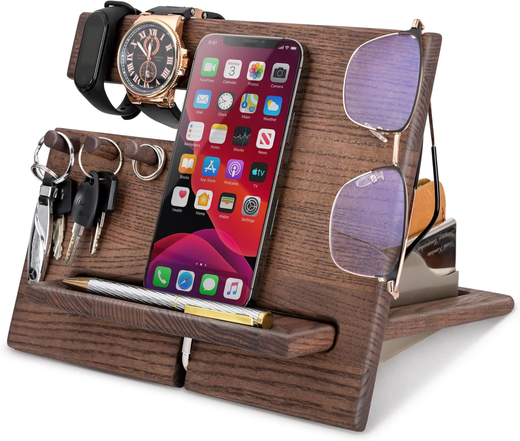 Amazon.com: TESLYAR Wood Phone Docking Station Ash Hooks Key Holder ...