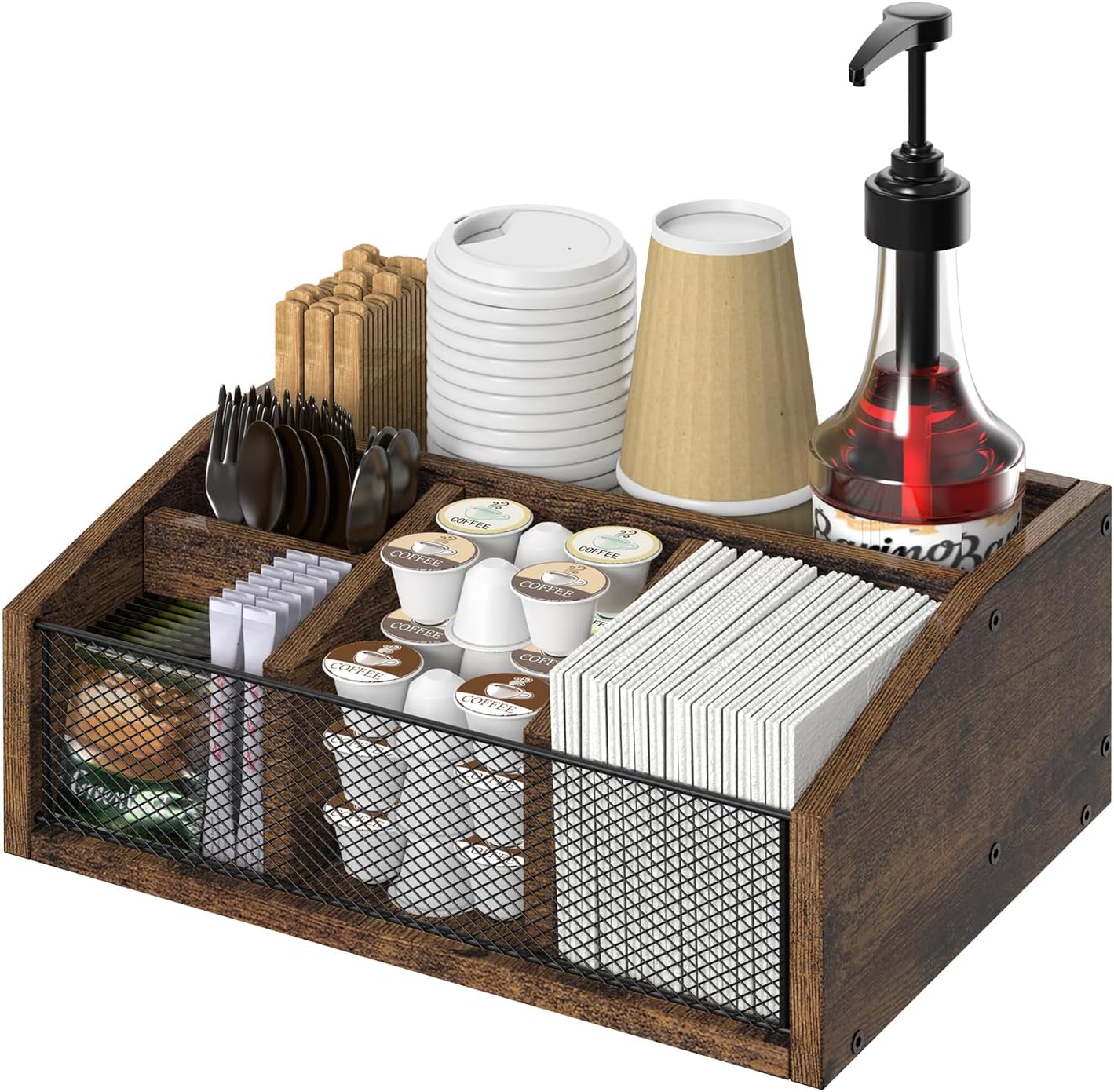 Wooden Coffee Station Organizer, 5-Compartment Accessories Organizer ...