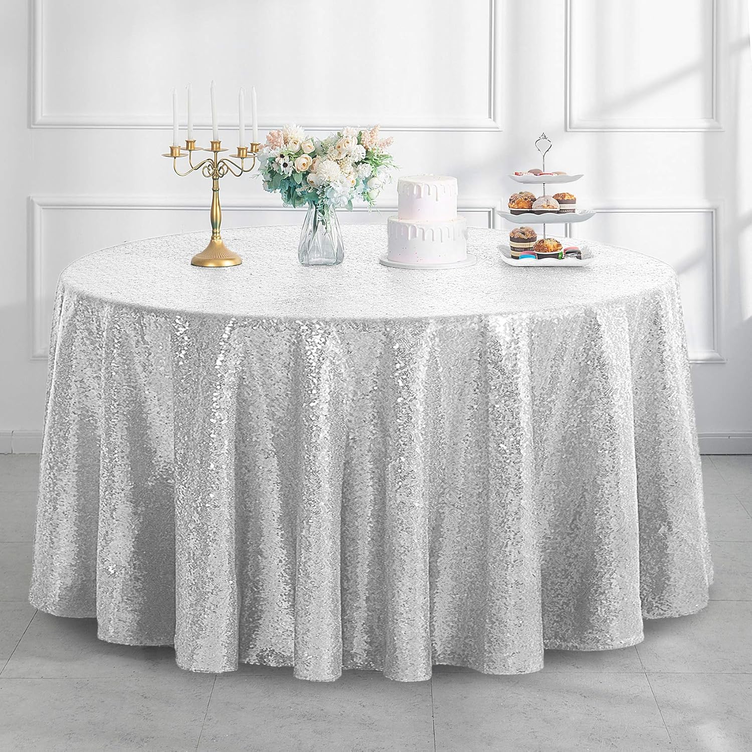 Amazon.com: Pufogu 50" Round Silver Sequin Tablecloth Glitter Silver ...