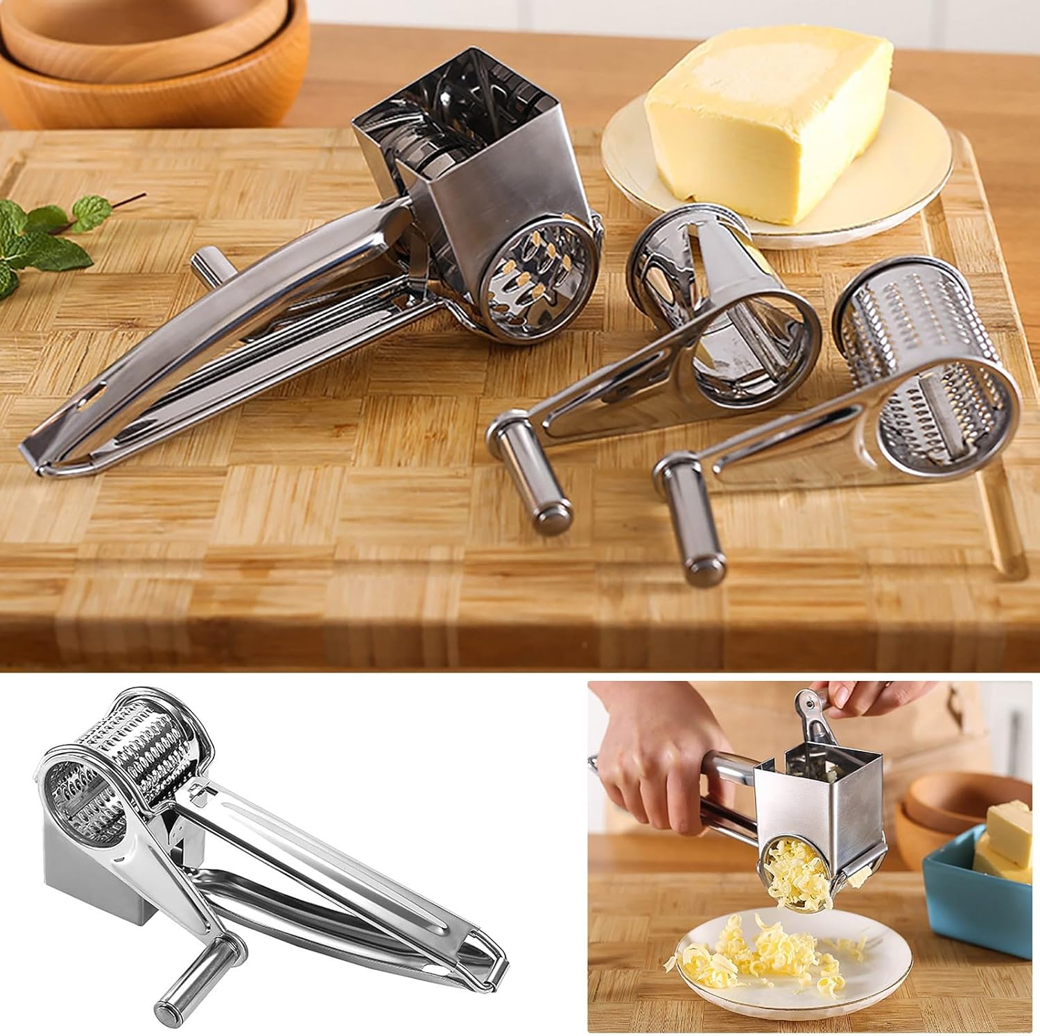 Amazon.com: 3 in 1 Stainless Steel Rotary Cheese Grater, Cheese Grater ...