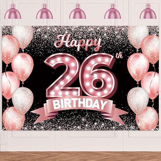 Amazon.com: Happy 26th Birthday Rose Gold Banner Backdrop Cheers to 26 ...