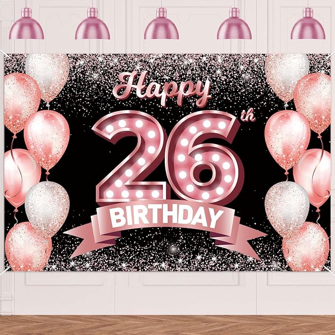 Amazon.com: Happy 26th Birthday Rose Gold Banner Backdrop Cheers to 26 ...