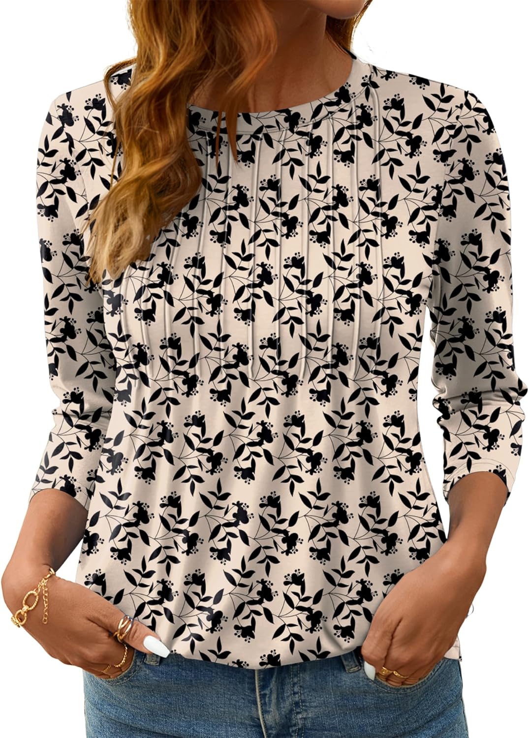 LOMON 3/4 Length Sleeve Blouses for Women 2025 Spring Dressy Casual Floral Print Shirts Round ...