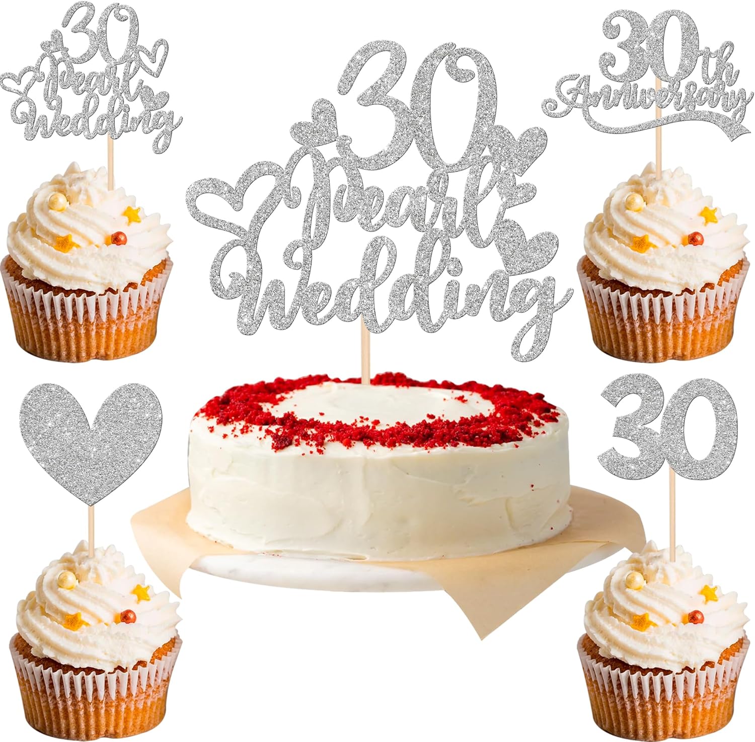 25 PCS 30th Anniversary Cupcake Toppers with 30 Pearl Wedding Cake ...