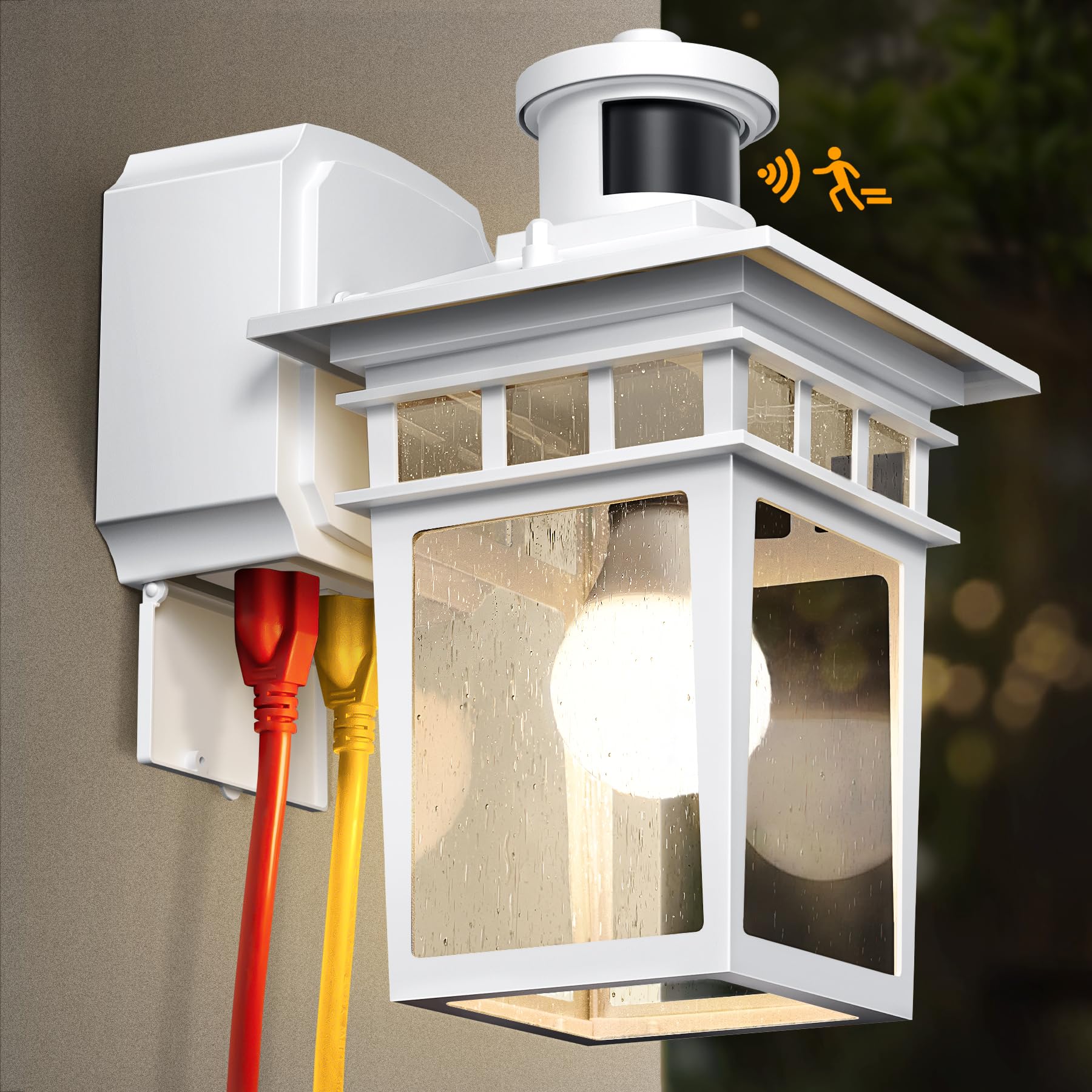 APOTO Porch Lights with GFCI Outlet, White Dusk to Dawn Motion Sensor ...