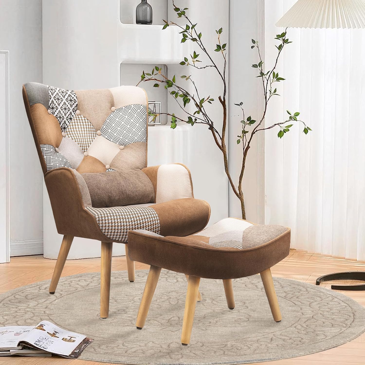 Amazon.com: HomeMiYN Accent Patchwork Chair with Ottoman Set Fabric ...