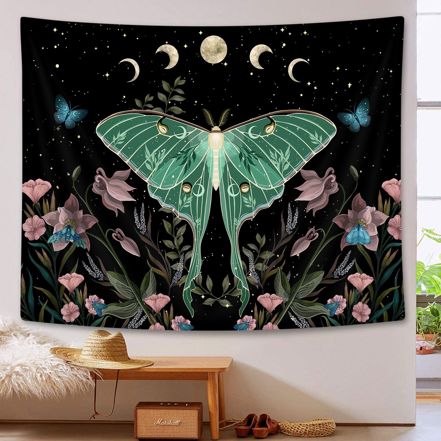 Amazon.com: Drgilau Teal Luna Moth Tapestry Wall Hanging, Moon Phase ...
