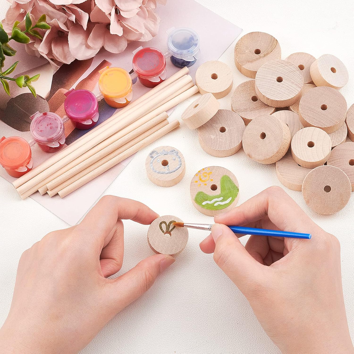 OLYCRAFT 60pcs Wood Wheels Unfinshed Wooden Wheel with Wooden Sticks ...