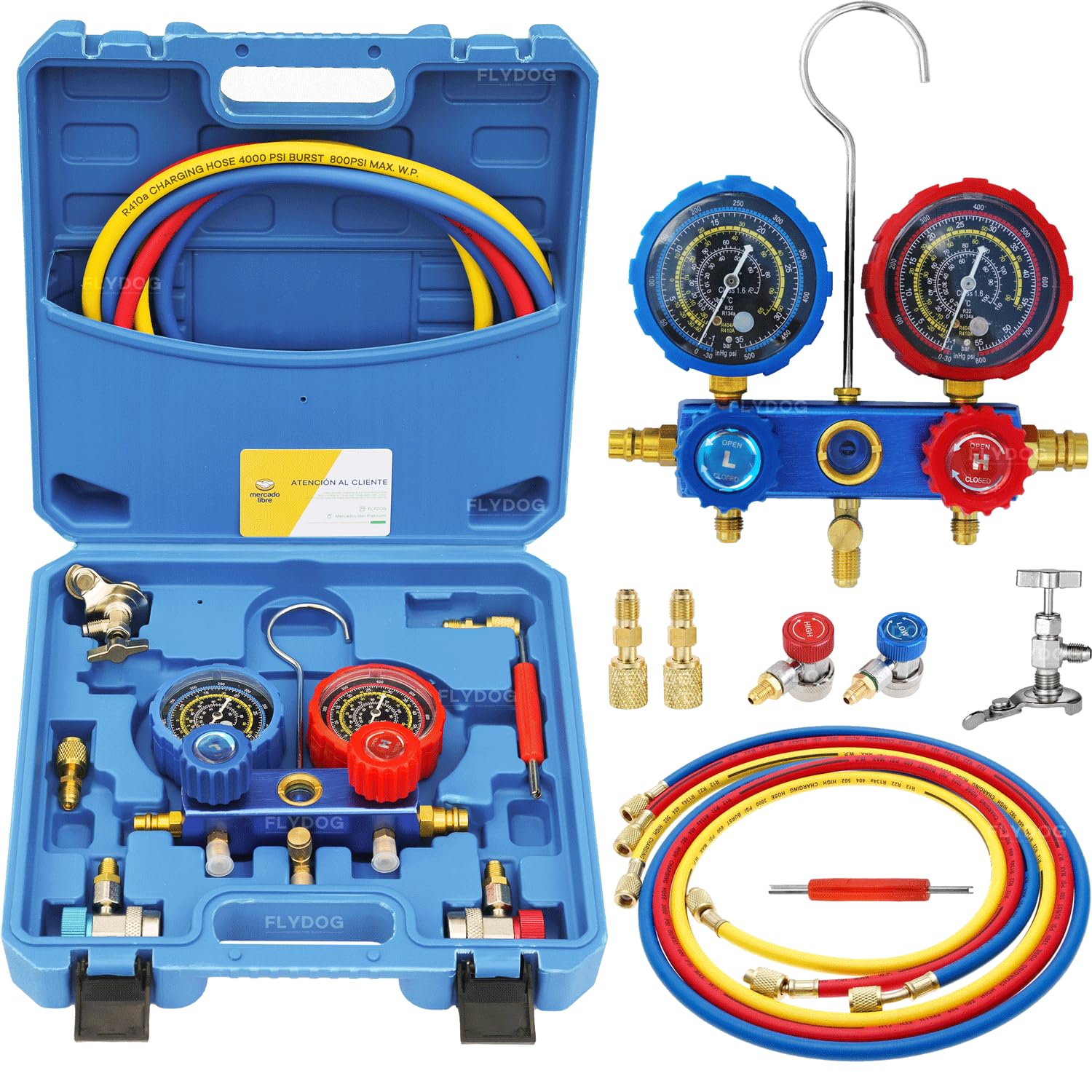 FLYDOG - Juego Manometros Refrigeracion Manifold R134 R22 R404 R410,Con 3 x mangueras, 2 x ...