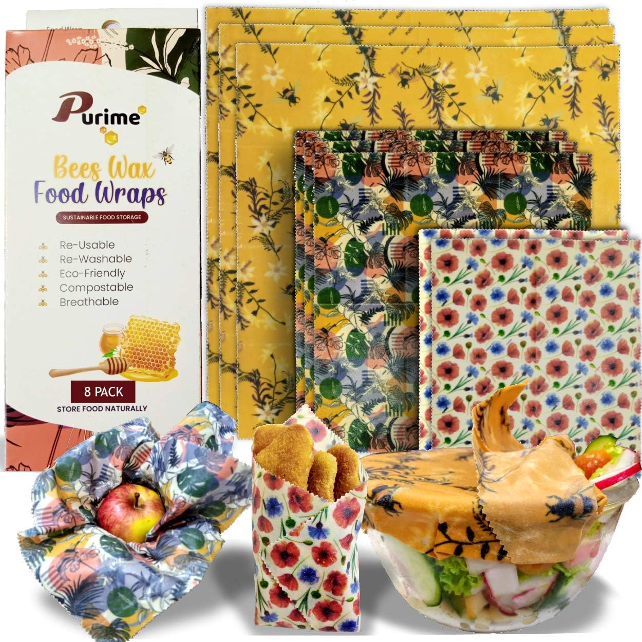 Amazon.com: [8 Pack] Beeswax Wrap Reusable Food Wrap for Food Storage ...