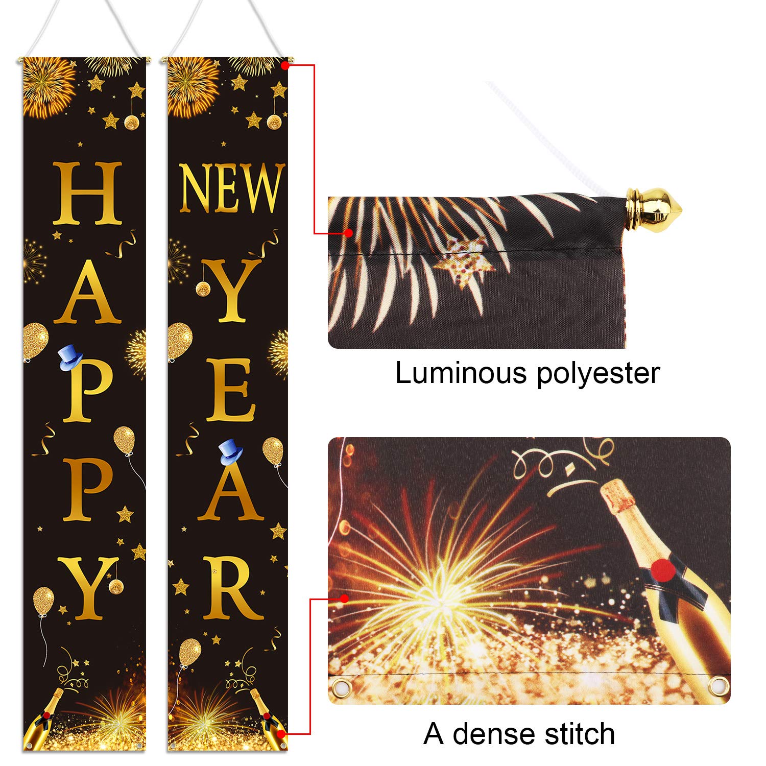 HOWAF Happy New Year Door Banners Black Gold New Year Door Porch Sign ...