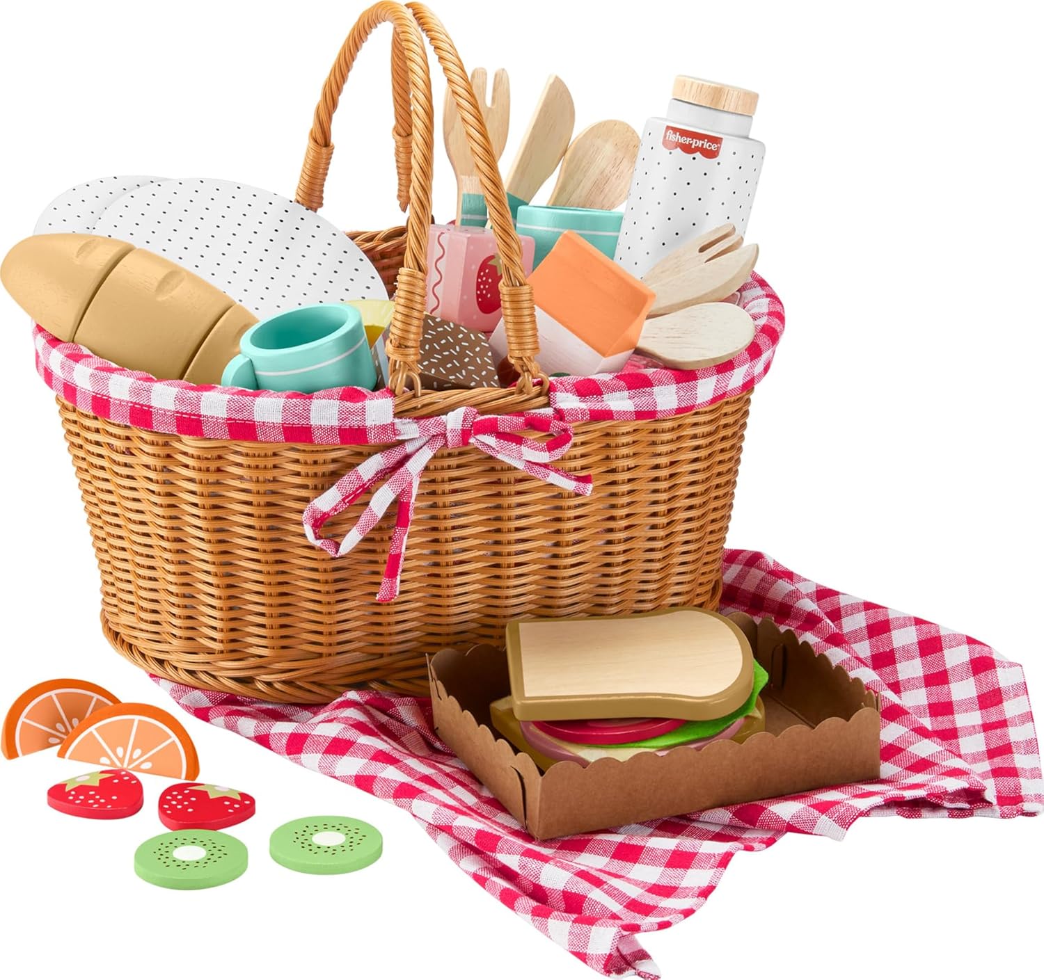 Amazon.com: Fisher-Price Pretend Playset Wooden Picnic Basket with Food ...