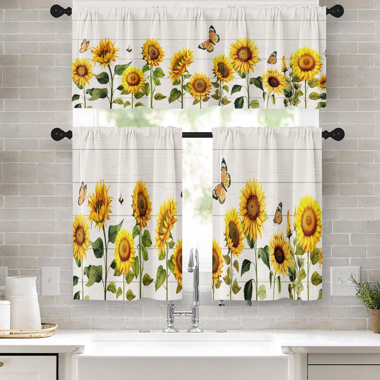 Amazon.com: Violet Linen Classic Euro Sunflower 3 Piece Kitchen Curtain ...
