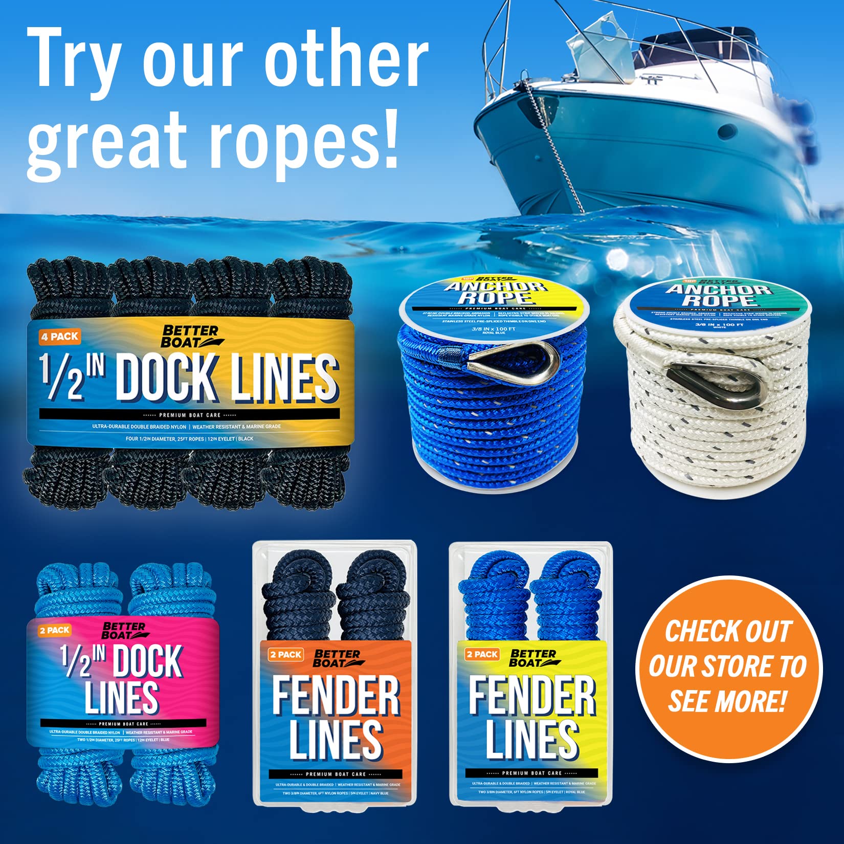 Snapklik.com : Boat Dock Lines, 1/2 Inch Braided Nylon Rope, 25 Ft ...