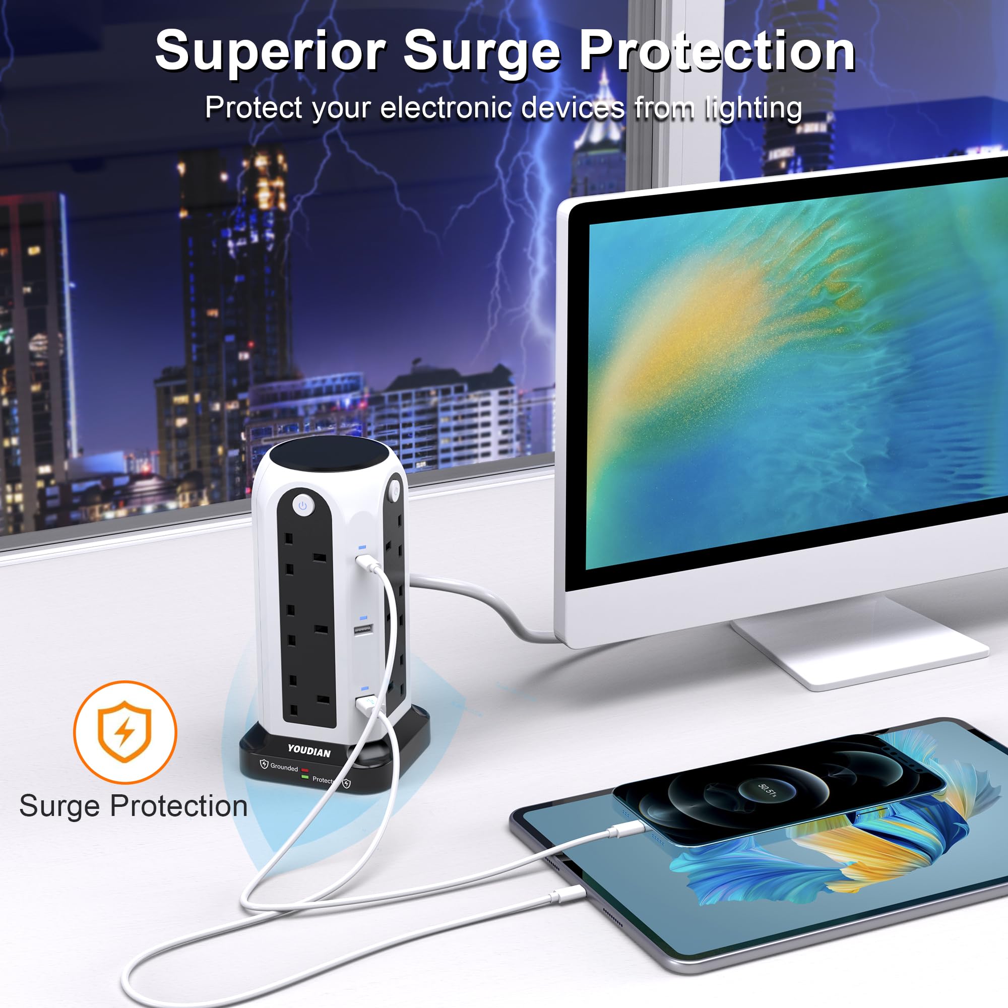 Tower Extension Lead with USB Slots,12 Way Multi Plug Extension Tower ...