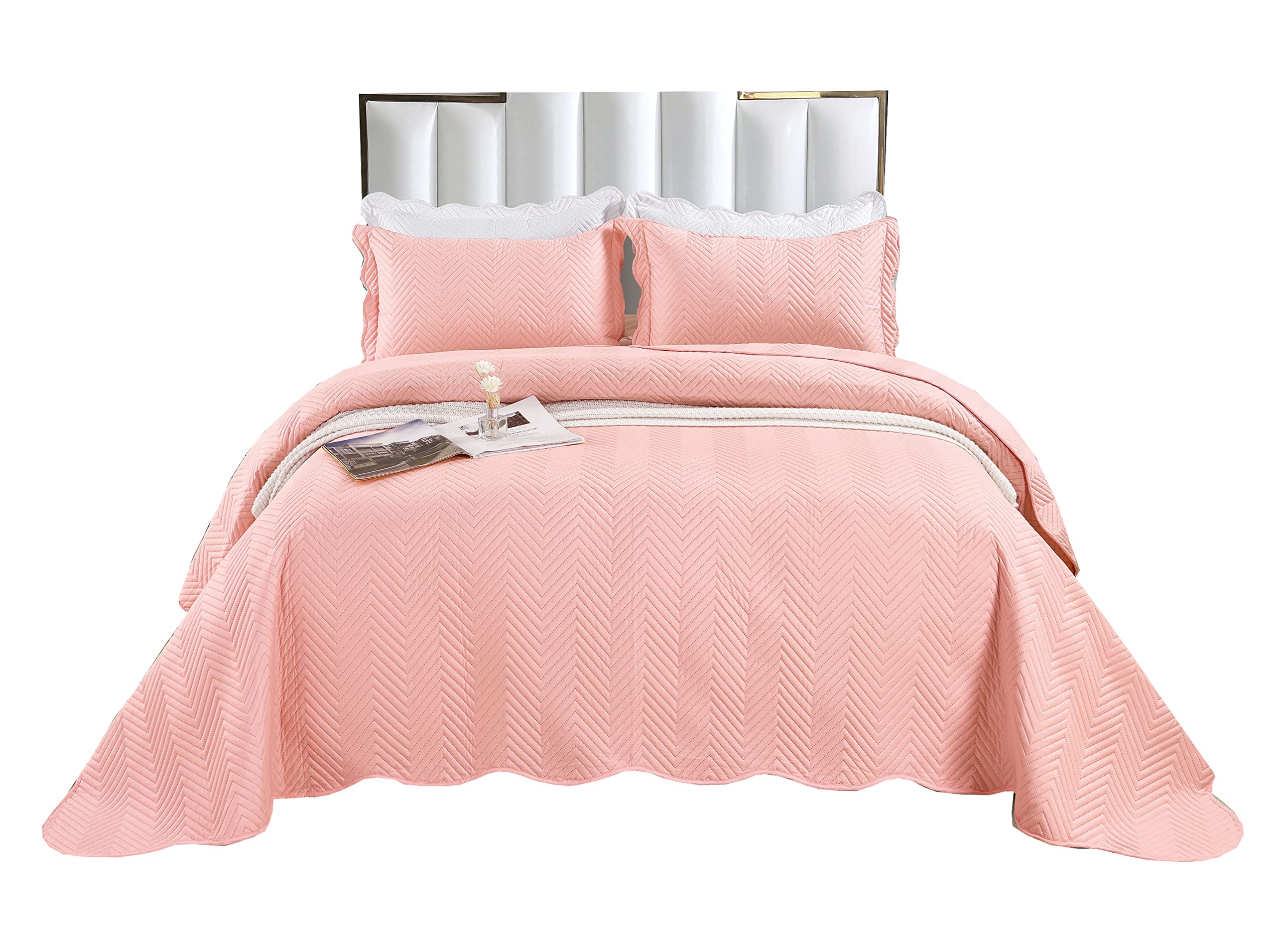 Blush Pink Double 3 Piece Quilted Bedspread Plain Embossed Comforter ...