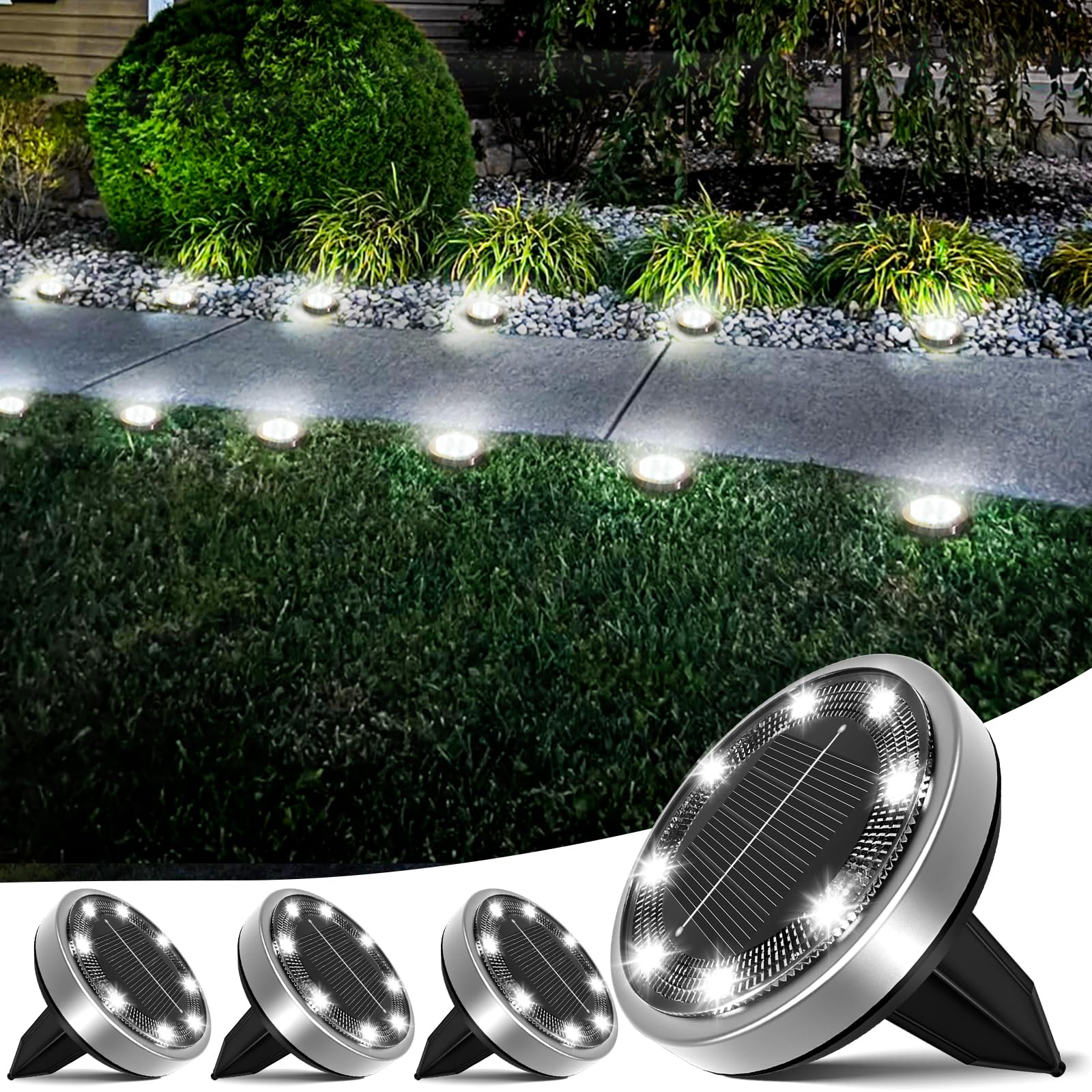 Snapklik.com : Peasur 4 Pack Solar Ground Lights Outdoor, 8 LED Flat ...