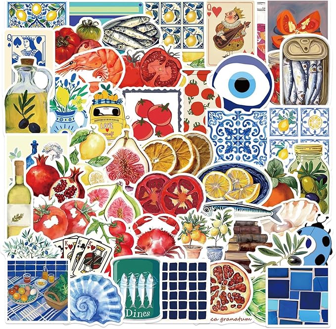 Amazon.com: 50Pcs Mediterranean Food Stickers, Cartoon Mediterranean ...