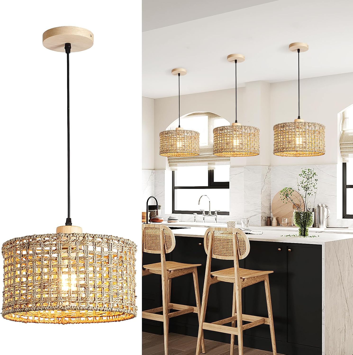 Mgcanyu Hand-Woven Rattan Pendant Light, 11.8" Bohemian 1-Light Natural ...