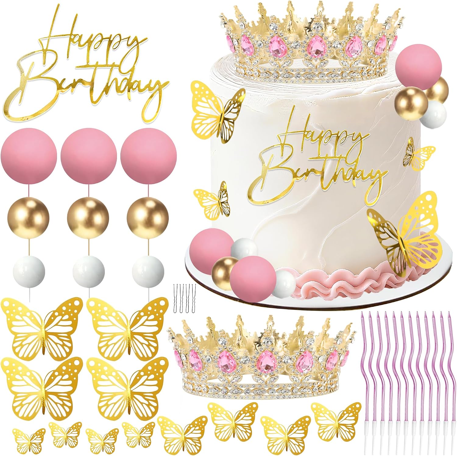 Amazon.com: AMZVALU Crown Cake Topper, Balls Happy Birthday Cake Topper ...