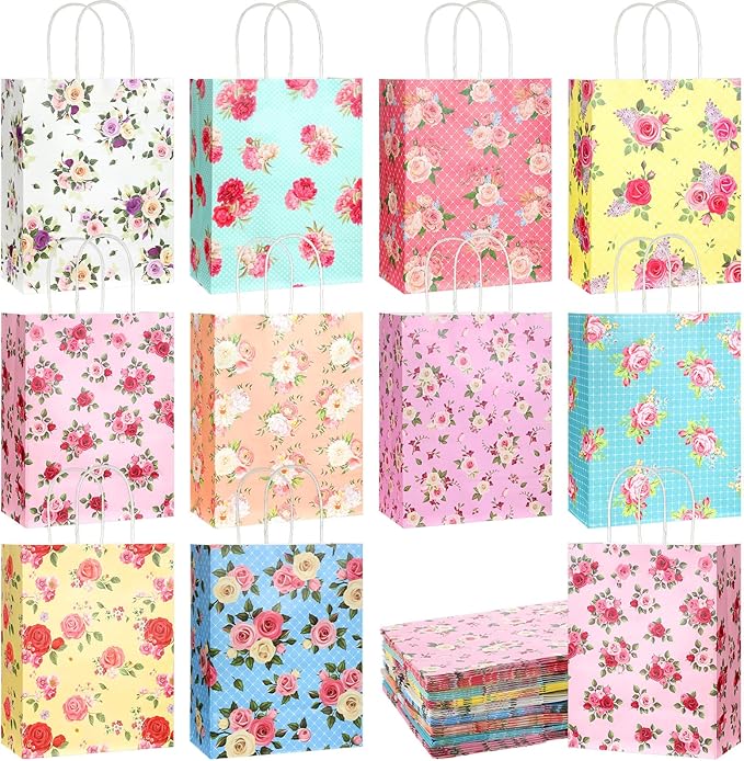 Amazon.com: Geyoga 50 Pcs Floral Gift Bags with Handles, Paper Gift ...