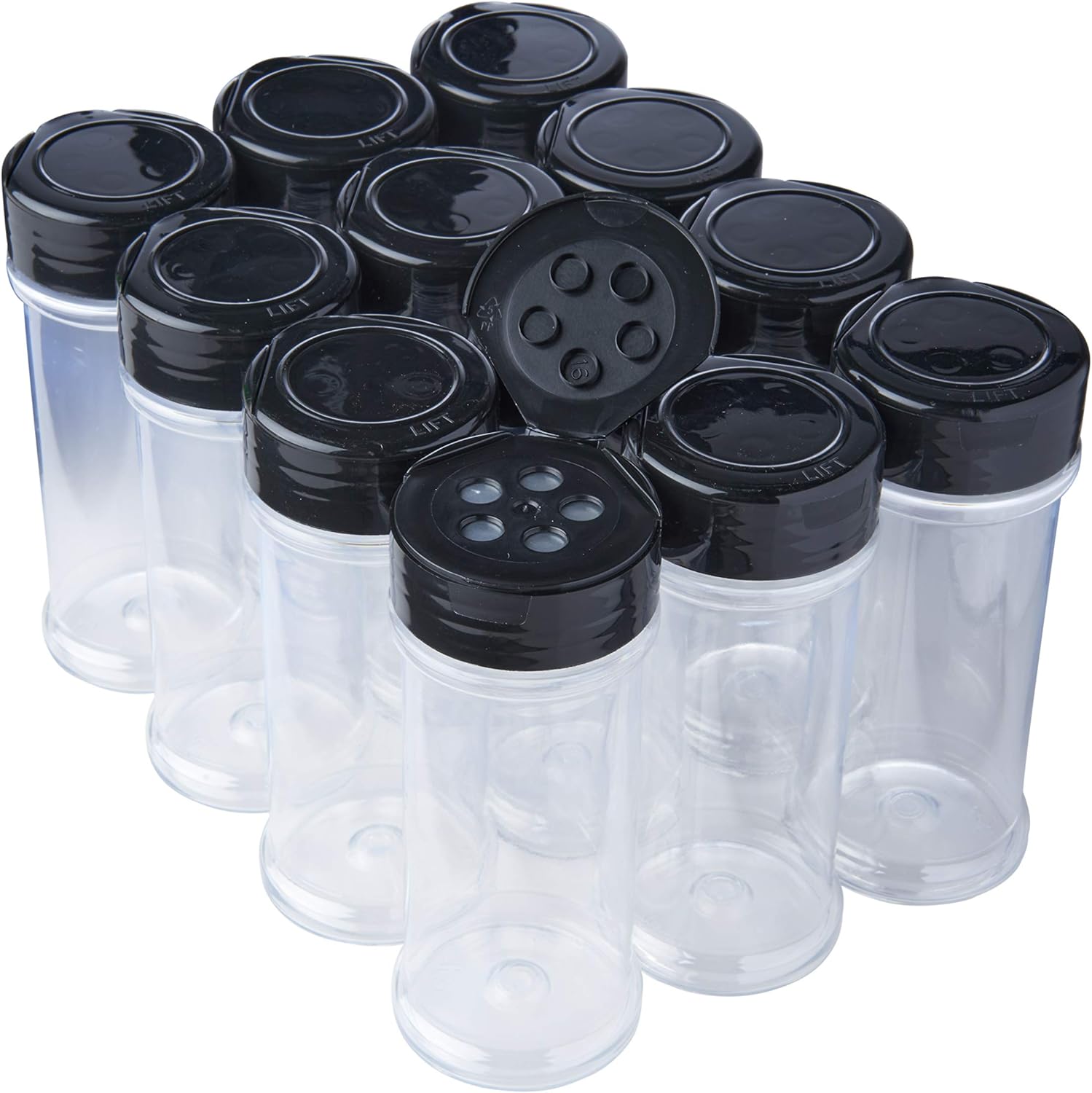 12 Pack of 6 Oz. Empty Clear Plastic Spice Bottles with Black Top Lids ...