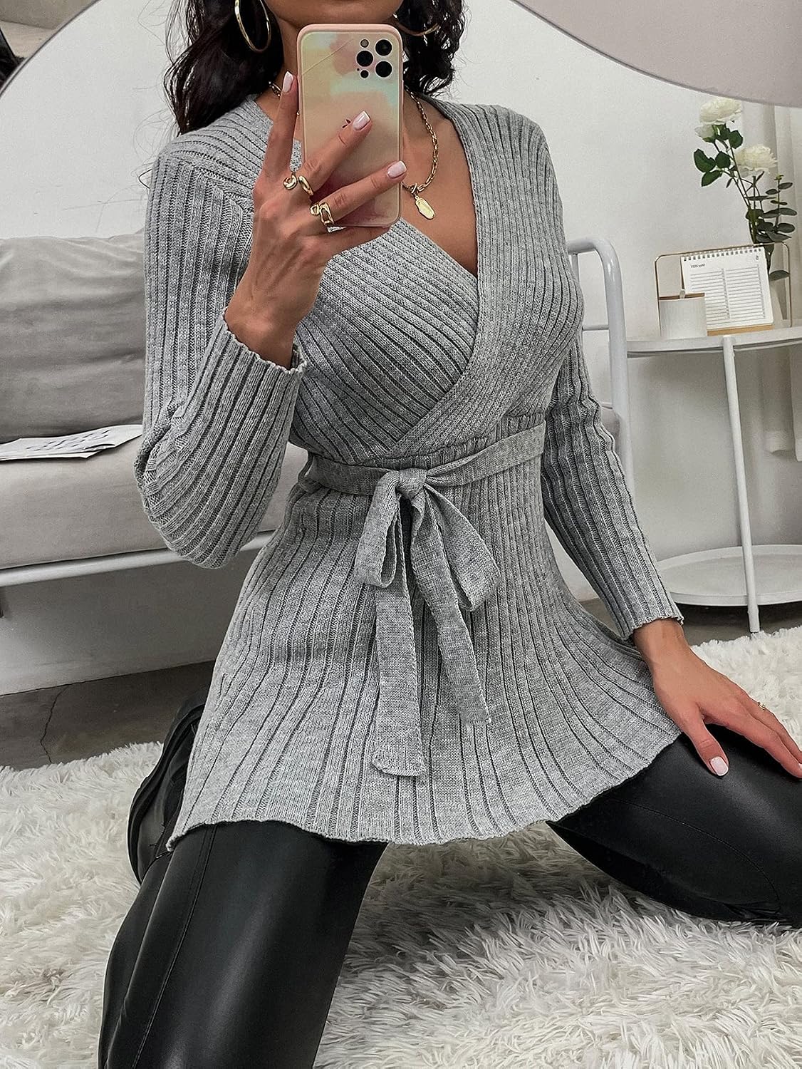 Amazon.com: SENTANA Women's Sweater Surplice Neck Ribbed Knit Belted ...