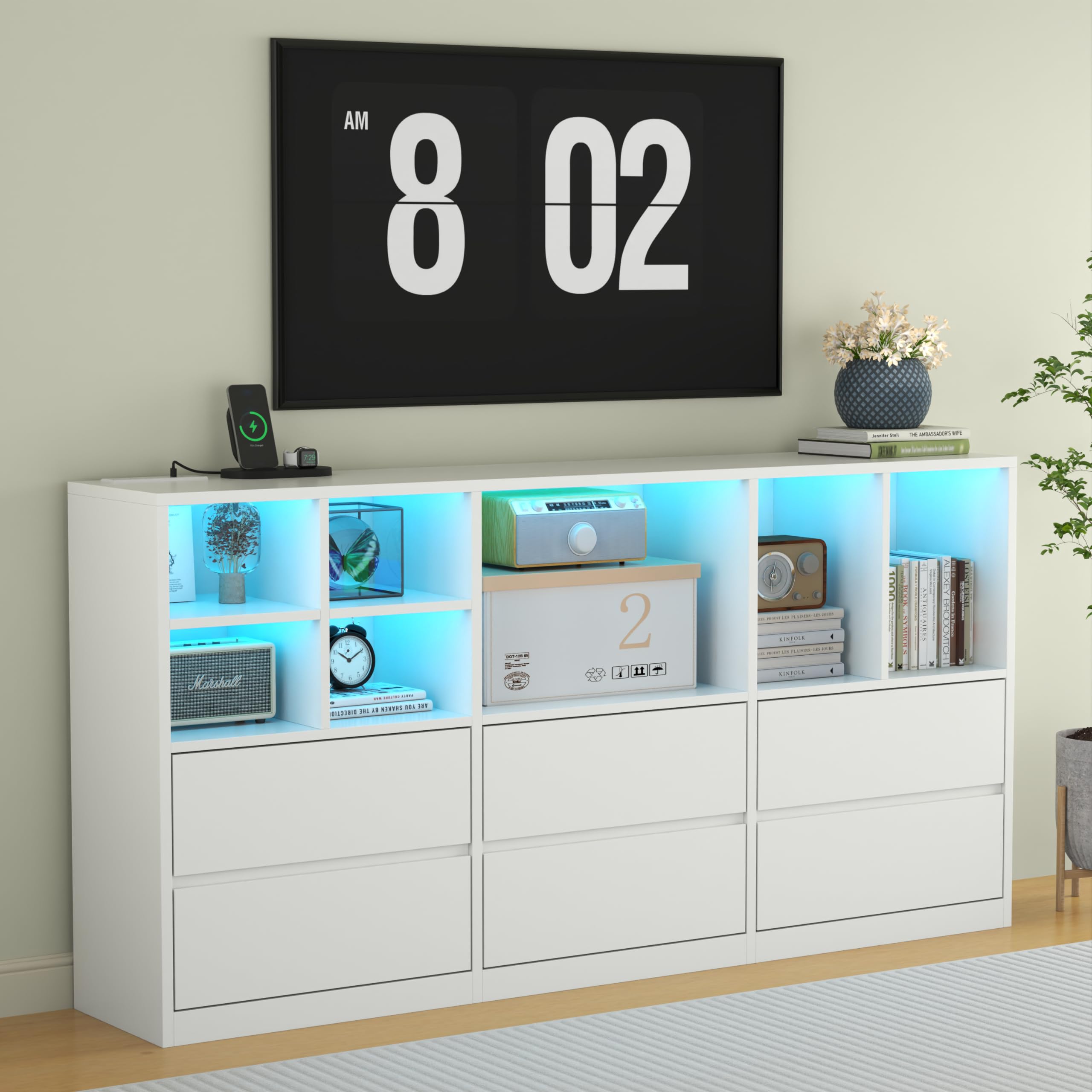 Amazon.com: TV Stand with 6 Drawers & 7 Storage Cubbies, LED Lights ...