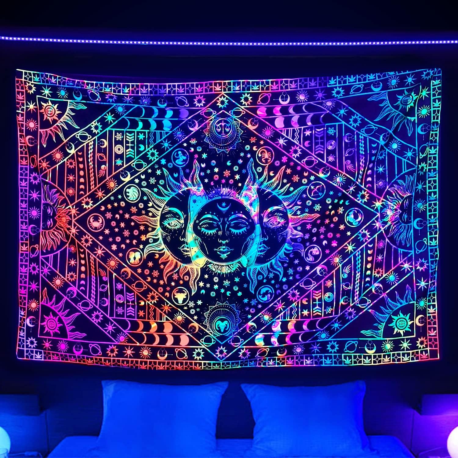 Amazon.com: Uokiuki Blacklight Tapestry UV Reactive Sun Moon Star ...