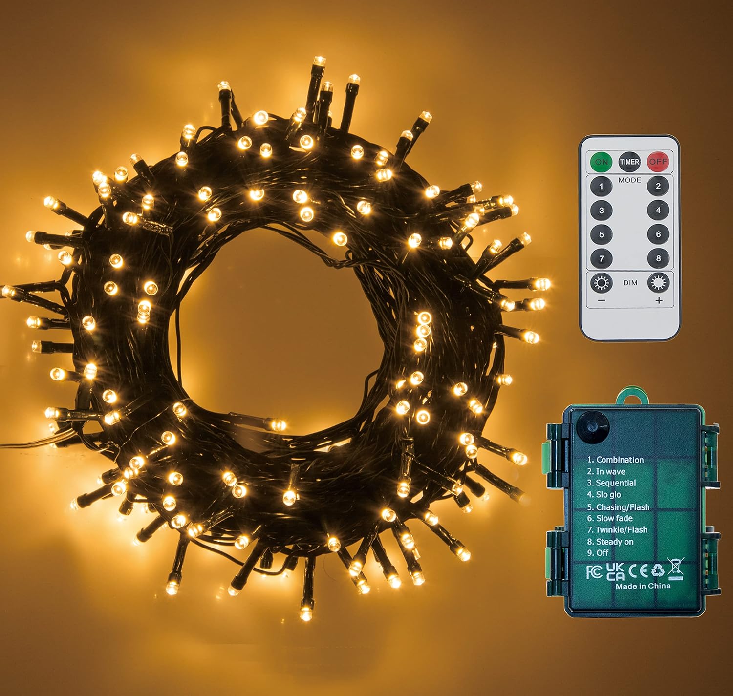 200 LED Battery Operated Christmas Lights On Dark Green Cable ...