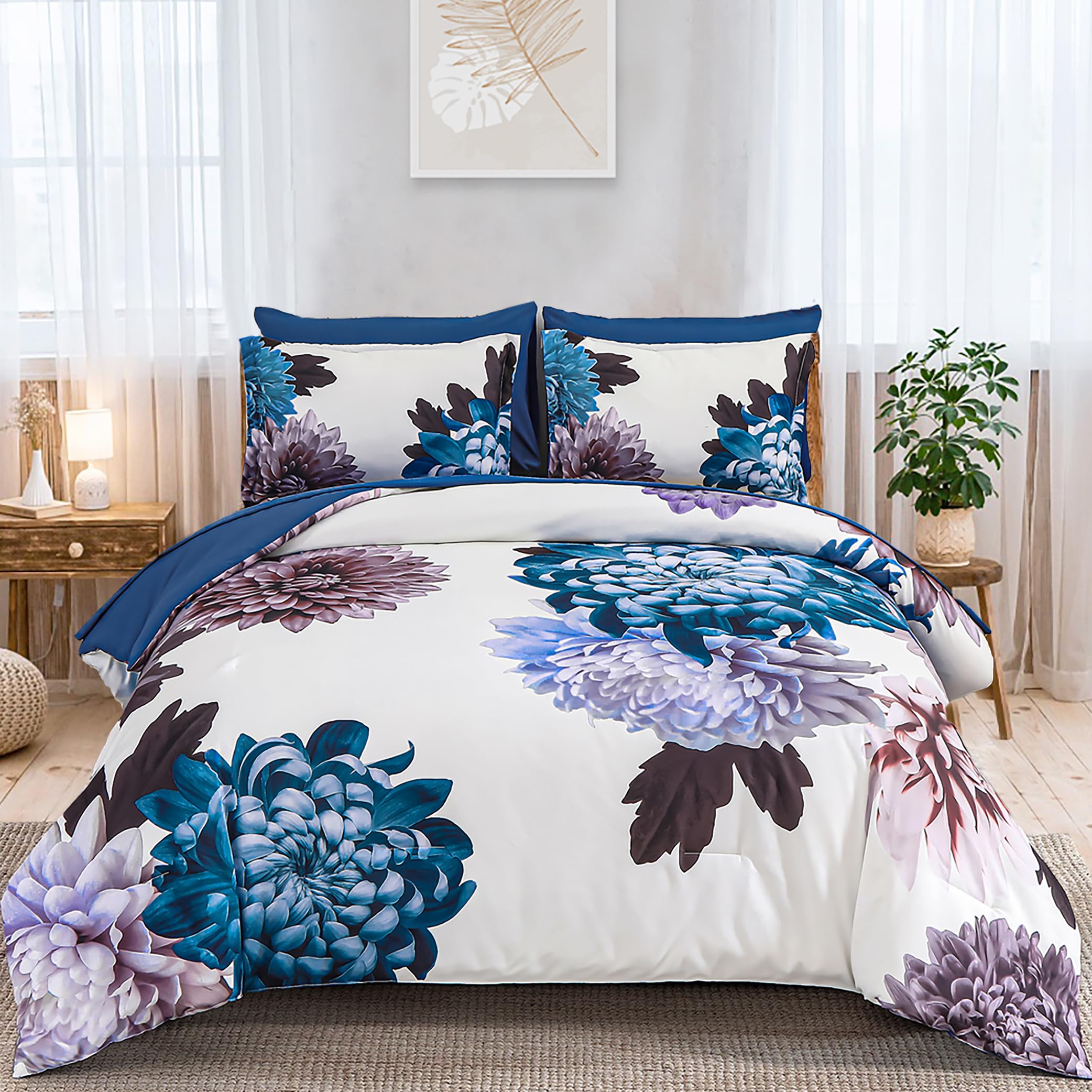 DJY Blue Comforter Set King, 7 Piece Floral Comforter Set with Sheets ...
