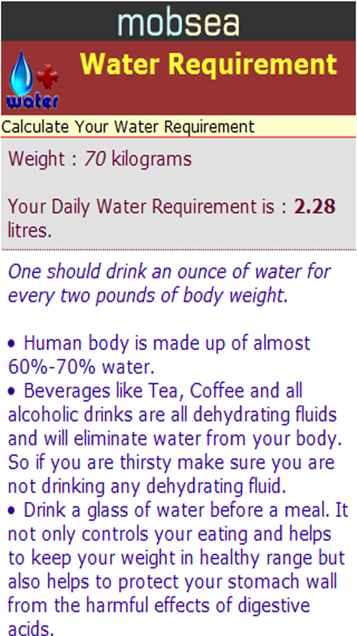 Water Requirement Calculator - App on Amazon Appstore