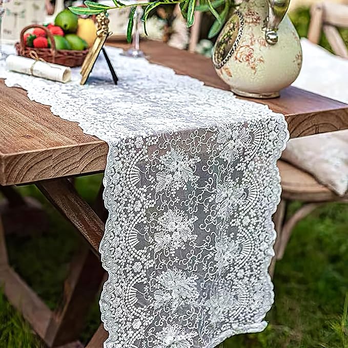 Amazon.com: White Lace Table Runner 48 inches-Floral Embroidered Lace ...