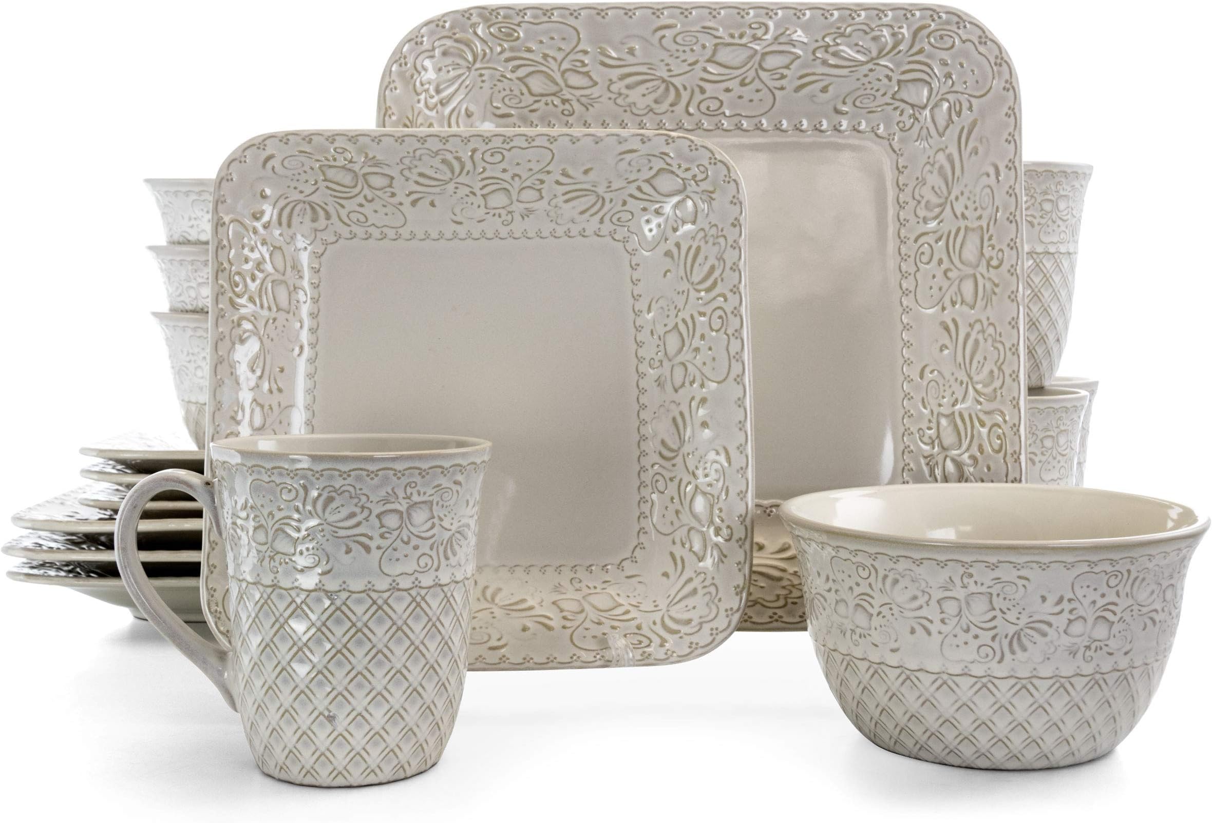 Amazon.com | Elama Contemporary Square Embossed Stoneware Dinnerware ...