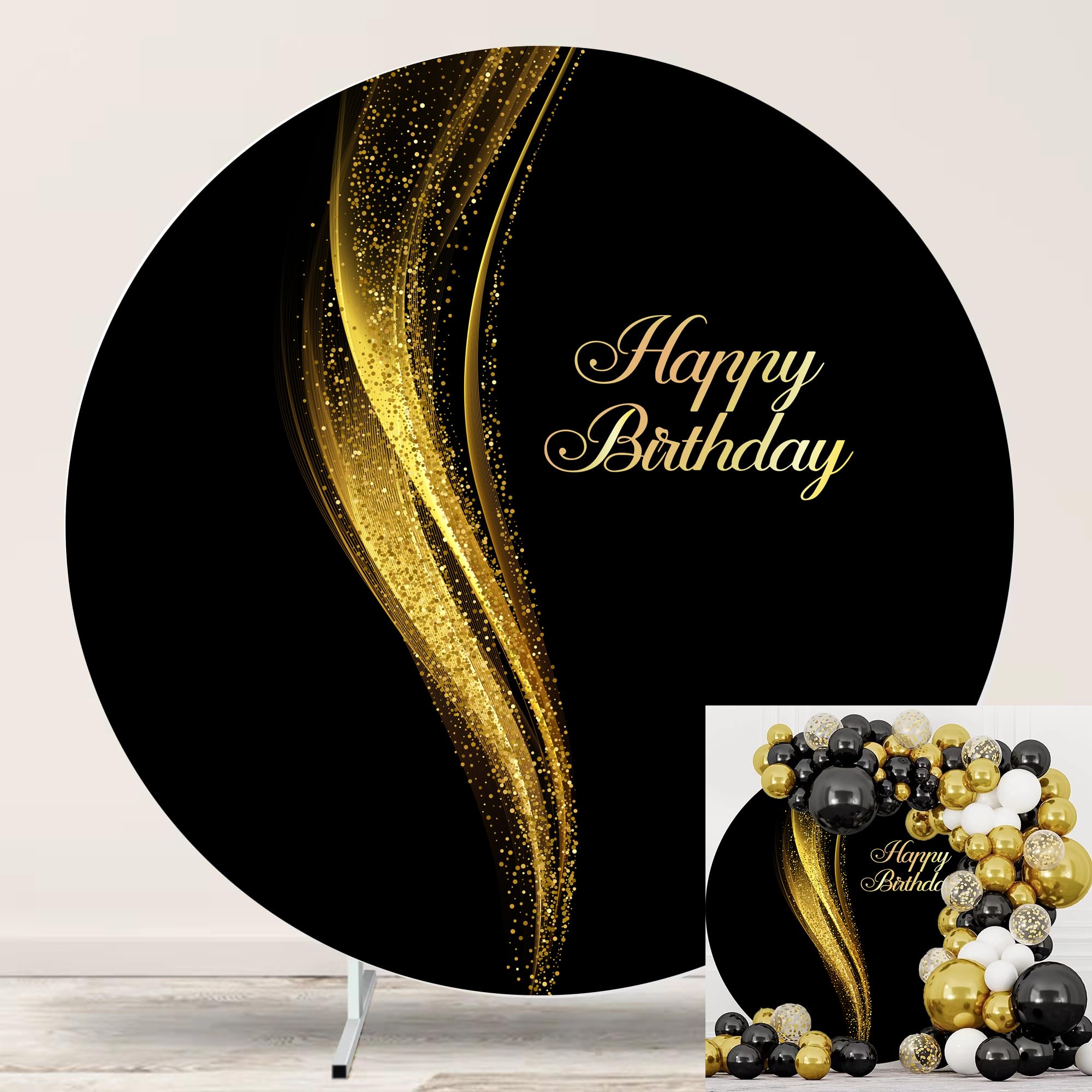 Amazon.com : Jditngp Gold Happy Birthday Round Backdrop Cover 7.2ft ...